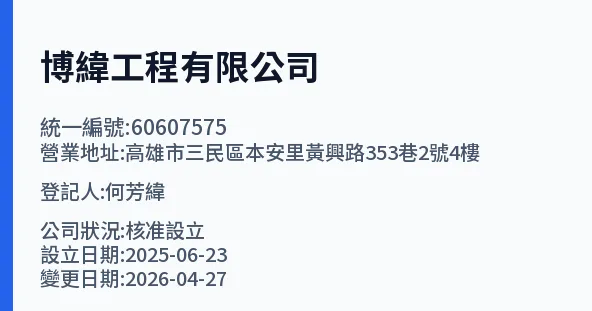 博緯工程有限公司的照片-統編 60607575(高雄市) 公司登記資料與營業項目詳細圖表
