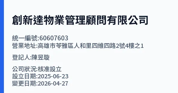 創新達物業管理顧問有限公司的照片-統編 60607603(高雄市) 公司登記資料與營業項目詳細圖表