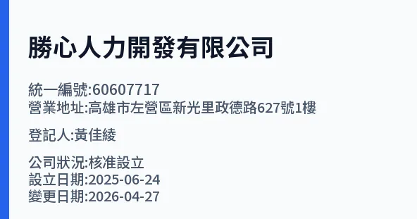 勝心人力開發有限公司的照片-統編 60607717(高雄市) 公司登記資料與營業項目詳細圖表