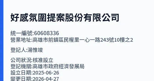 好感氛圍提案股份有限公司的照片-統編 60608336(高雄市) 公司登記資料與營業項目詳細圖表