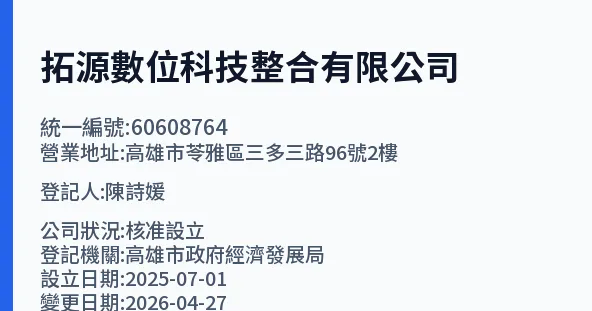 拓源數位科技整合有限公司的照片-統編 60608764(高雄市) 公司登記資料與營業項目詳細圖表