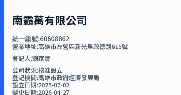 南霸萬有限公司的照片-統編 60608862(高雄市) 公司登記資料與營業項目詳細圖表