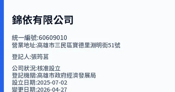 錦依有限公司的照片-統編 60609010(高雄市) 公司登記資料與營業項目詳細圖表