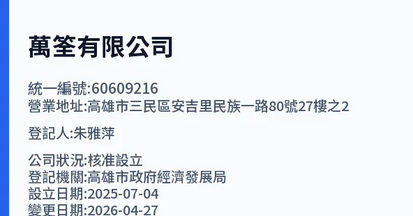 萬筌有限公司的照片-統編 60609216(高雄市) 公司登記資料與營業項目詳細圖表