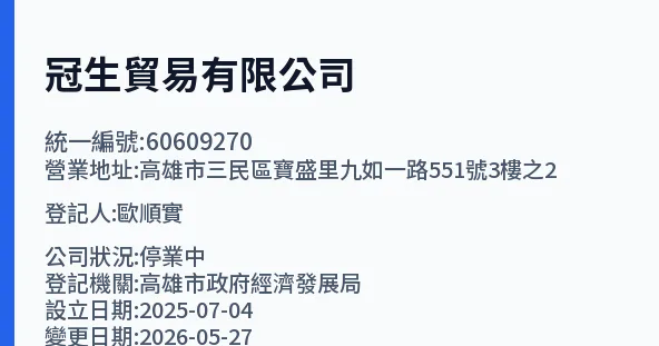 冠生貿易有限公司的照片-統編 60609270(高雄市) 公司登記資料與營業項目詳細圖表