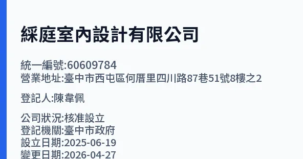 綵庭室內設計有限公司的照片-統編 60609784(臺中市) 公司登記資料與營業項目詳細圖表