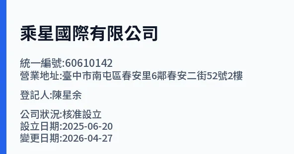 乘星國際有限公司的照片-統編 60610142(臺中市) 公司登記資料與營業項目詳細圖表