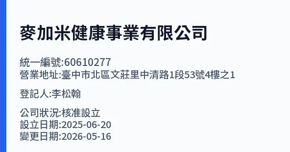麥加米健康事業有限公司的照片-統編 60610277(臺中市) 公司登記資料與營業項目詳細圖表