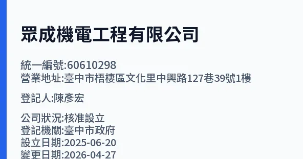 眾成機電工程有限公司的照片-統編 60610298(臺中市) 公司登記資料與營業項目詳細圖表