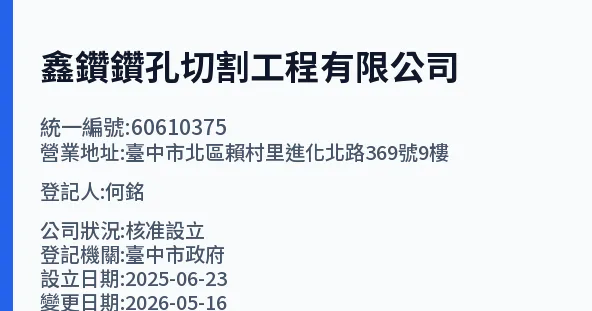 鑫鑽鑽孔切割工程有限公司的照片-統編 60610375(臺中市) 公司登記資料與營業項目詳細圖表