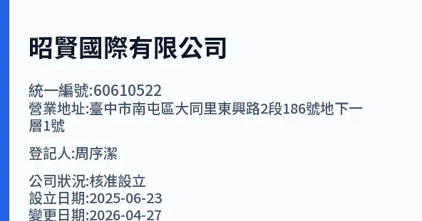 昭賢國際有限公司的照片-統編 60610522(臺中市) 公司登記資料與營業項目詳細圖表