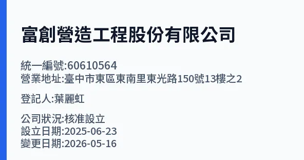 富創營造工程股份有限公司的照片-統編 60610564(臺中市) 公司登記資料與營業項目詳細圖表