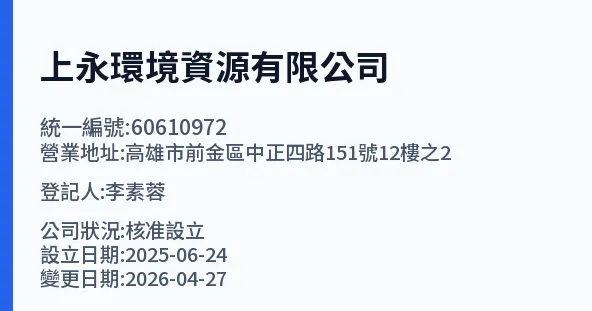 上永環境資源有限公司的照片-統編 60610972(高雄市) 公司登記資料與營業項目詳細圖表
