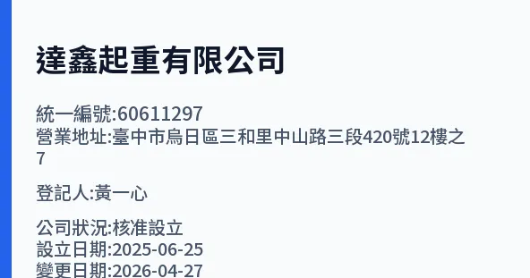 達鑫起重有限公司的照片-統編 60611297(臺中市) 公司登記資料與營業項目詳細圖表