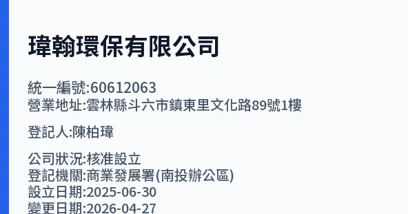瑋翰環保有限公司的照片-統編 60612063(雲林縣) 公司登記資料與營業項目詳細圖表