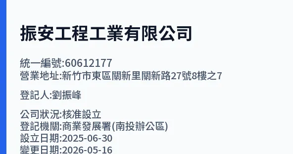 振安工程工業有限公司的照片-統編 60612177(新竹市) 公司登記資料與營業項目詳細圖表