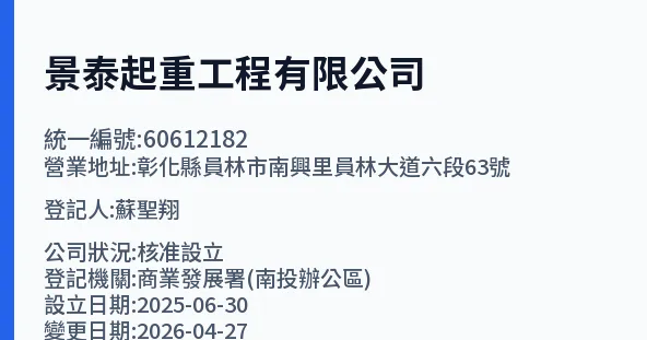 景泰起重工程有限公司的照片-統編 60612182(彰化縣) 公司登記資料與營業項目詳細圖表