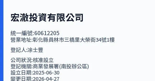 宏澈投資有限公司的照片-統編 60612205(彰化縣) 公司登記資料與營業項目詳細圖表