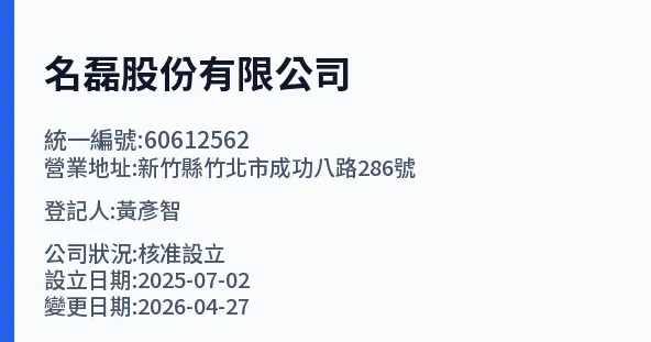 名磊股份有限公司的照片-統編 60612562(新竹縣) 公司登記資料與營業項目詳細圖表