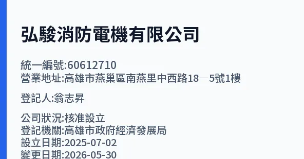 弘駿消防電機有限公司的照片-統編 60612710(高雄市) 公司登記資料與營業項目詳細圖表