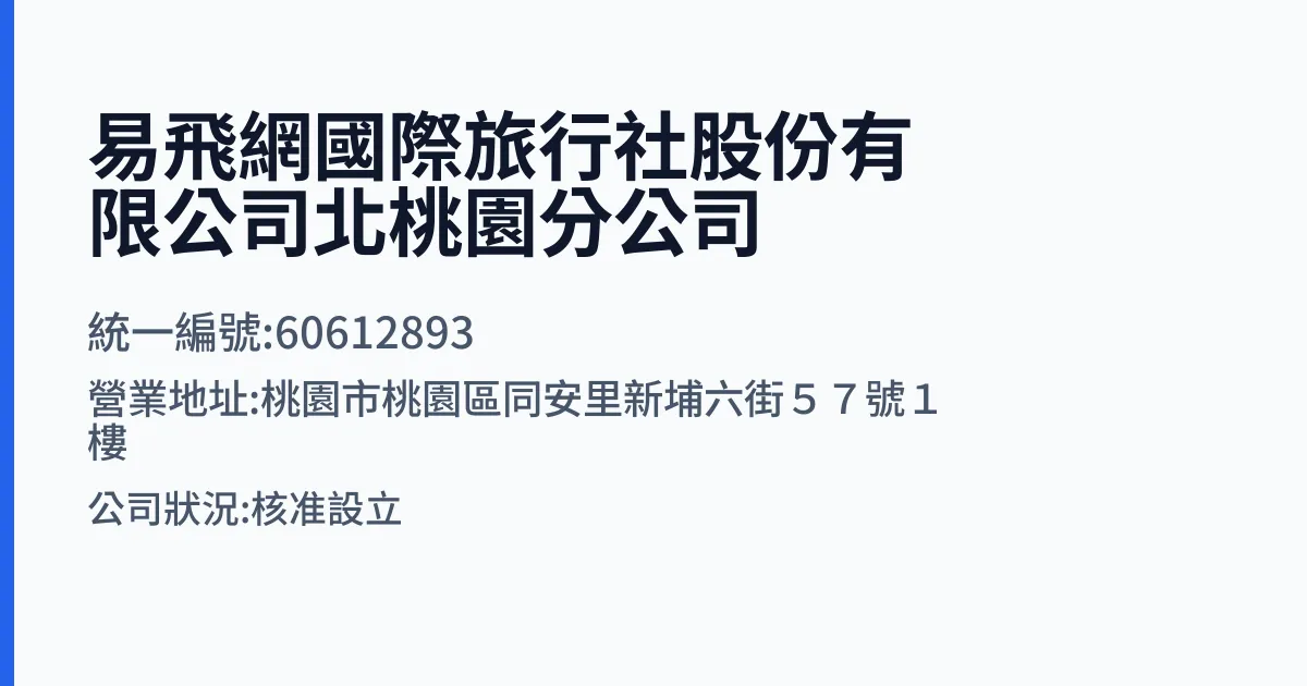 易飛網國際旅行社股份有限公司北桃園分公司 - 統編 60612893(桃園市) 公司登記資料與營業項目詳細圖表