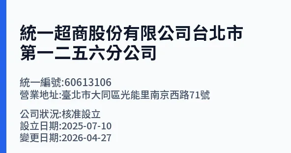 統一超商股份有限公司台北市第一二五六分公司的照片-統編 60613106(臺北市) 公司登記資料與營業項目詳細圖表