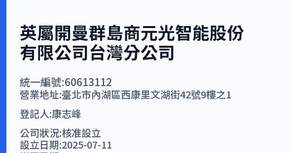 英屬開曼群島商元光智能股份有限公司台灣分公司的照片-統編 60613112(臺北市) 公司登記資料與營業項目詳細圖表