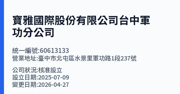 寶雅國際股份有限公司台中軍功分公司的照片-統編 60613133(臺中市) 公司登記資料與營業項目詳細圖表