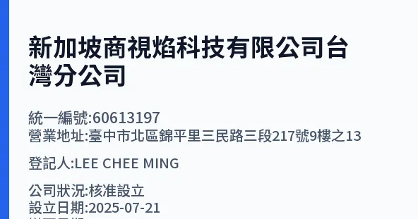 新加坡商視焰科技有限公司台灣分公司的照片-統編 60613197(臺中市) 公司登記資料與營業項目詳細圖表
