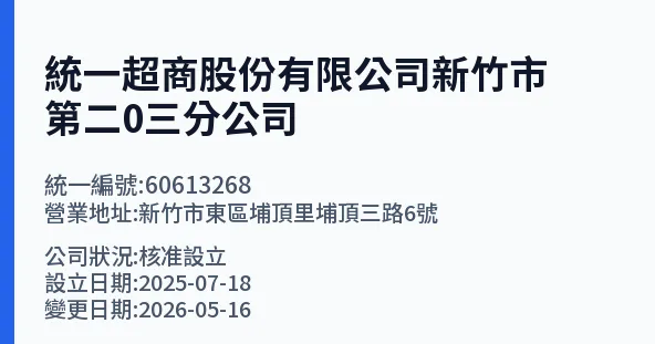 統一超商股份有限公司新竹市第二0三分公司的照片-統編 60613268(新竹市) 公司登記資料與營業項目詳細圖表