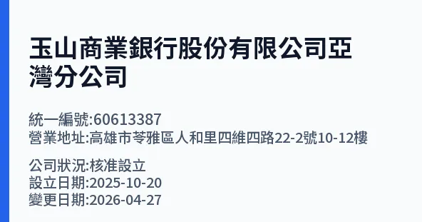 玉山商業銀行股份有限公司亞灣分公司的照片-統編 60613387(高雄市) 公司登記資料與營業項目詳細圖表