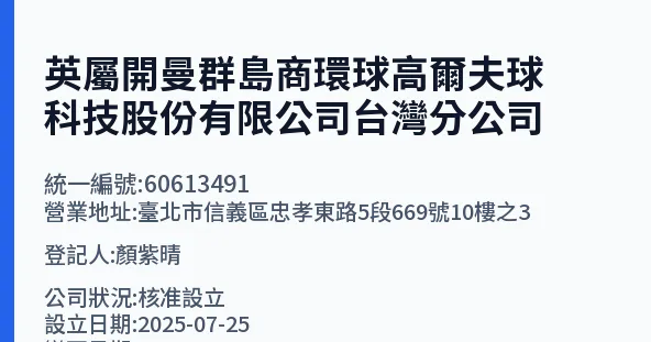 英屬開曼群島商環球高爾夫球科技股份有限公司台灣分公司的照片-統編 60613491(臺北市) 公司登記資料與營業項目詳細圖表