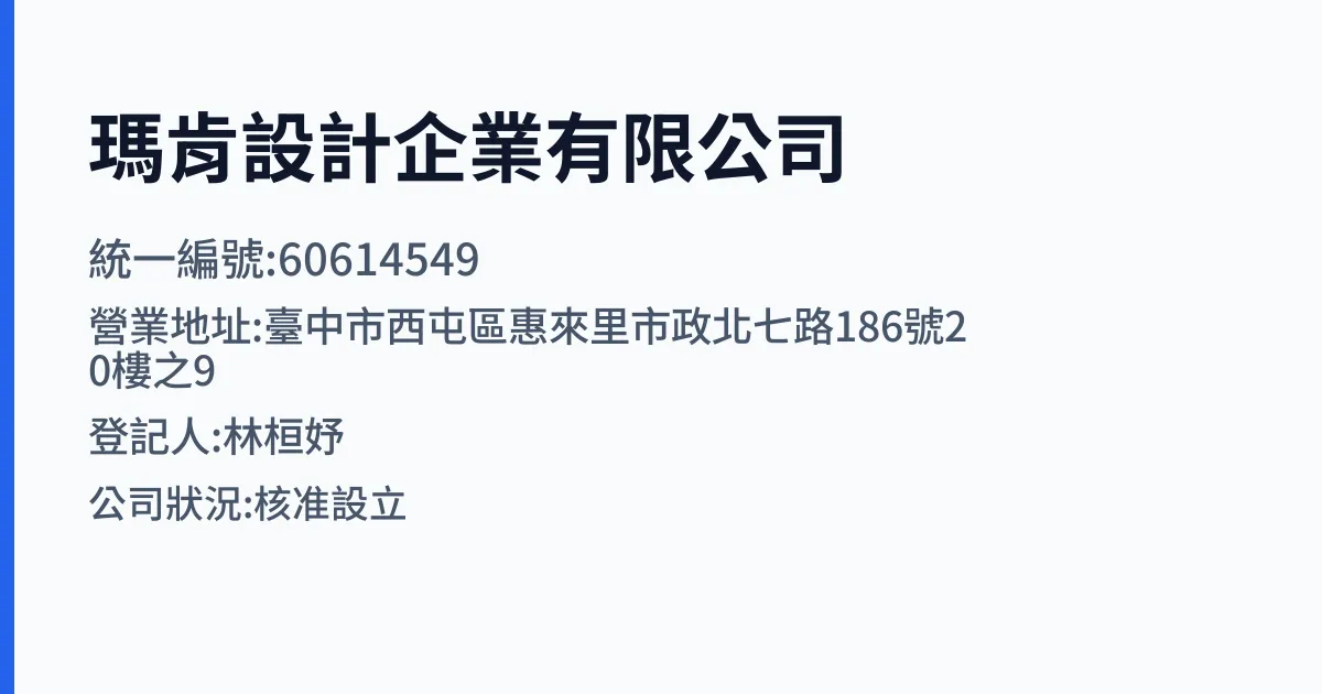瑪肯設計企業有限公司 - 統編 60614549(臺中市) 公司登記資料與營業項目詳細圖表