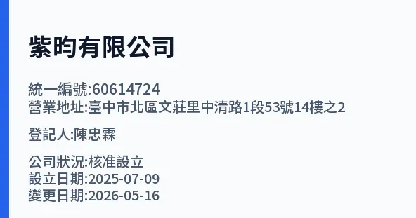 紫昀有限公司的照片-統編 60614724(臺中市) 公司登記資料與營業項目詳細圖表