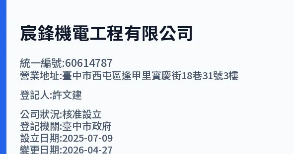 宸鋒機電工程有限公司的照片-統編 60614787(臺中市) 公司登記資料與營業項目詳細圖表