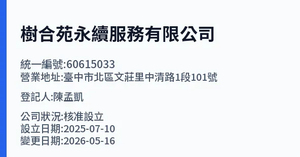 樹合苑永續服務有限公司的照片-統編 60615033(臺中市) 公司登記資料與營業項目詳細圖表