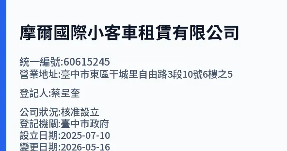 摩爾國際小客車租賃有限公司的照片-統編 60615245(臺中市) 公司登記資料與營業項目詳細圖表