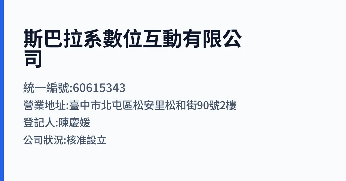 斯巴拉系數位互動有限公司 - 統編 60615343(臺中市) 公司登記資料與營業項目詳細圖表