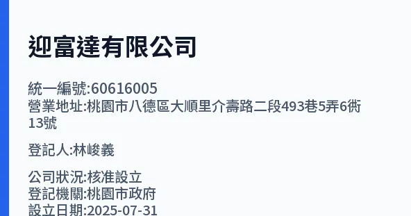 迎富達有限公司的照片-統編 60616005(桃園市) 公司登記資料與營業項目詳細圖表