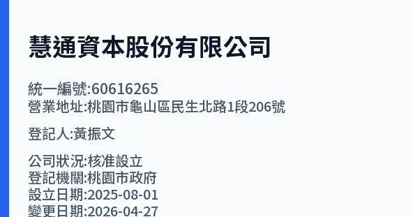 慧通資本股份有限公司的照片-統編 60616265(桃園市) 公司登記資料與營業項目詳細圖表
