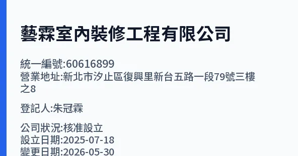 藝霖室內裝修工程有限公司的照片-統編 60616899(新北市) 公司登記資料與營業項目詳細圖表