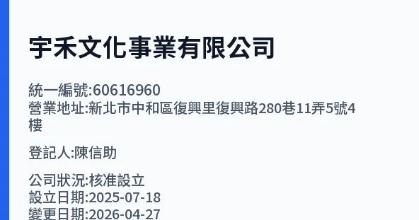 宇禾文化事業有限公司的照片-統編 60616960(新北市) 公司登記資料與營業項目詳細圖表
