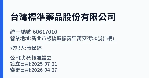 台灣標準藥品股份有限公司的照片-統編 60617010(新北市) 公司登記資料與營業項目詳細圖表