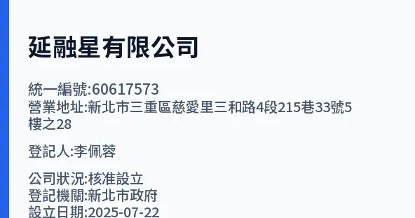 延融星有限公司的照片-統編 60617573(新北市) 公司登記資料與營業項目詳細圖表