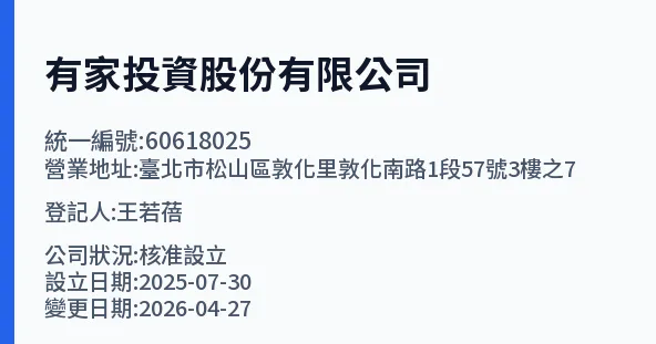 有家投資股份有限公司的照片-統編 60618025(臺北市) 公司登記資料與營業項目詳細圖表