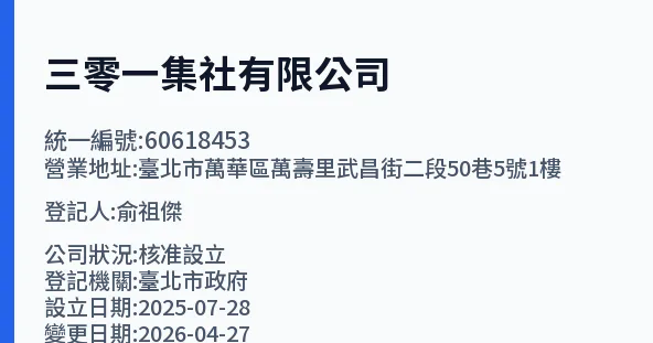 三零一集社有限公司的照片-統編 60618453(臺北市) 公司登記資料與營業項目詳細圖表