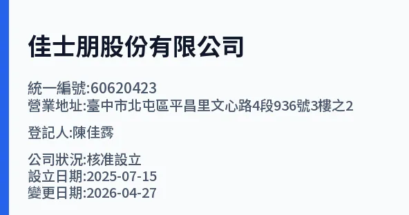 佳士朋股份有限公司的照片-統編 60620423(臺中市) 公司登記資料與營業項目詳細圖表
