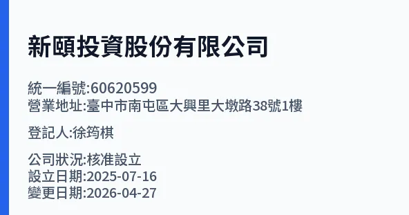 新頤投資股份有限公司的照片-統編 60620599(臺中市) 公司登記資料與營業項目詳細圖表