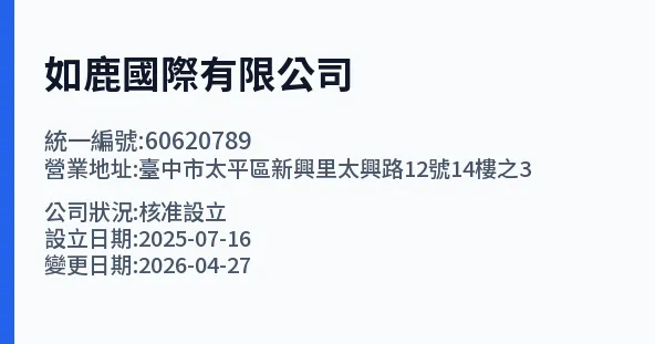 如鹿國際有限公司的照片-統編 60620789(臺中市) 公司登記資料與營業項目詳細圖表