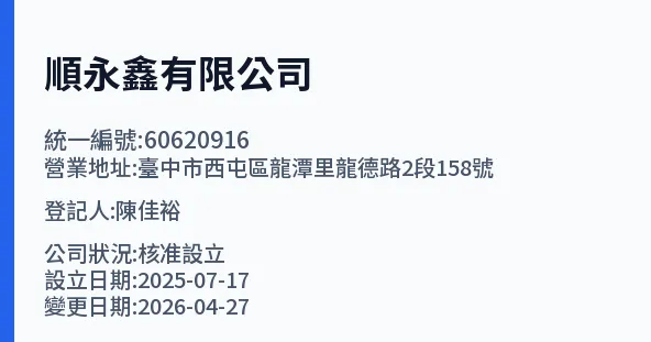 順永鑫有限公司的照片-統編 60620916(臺中市) 公司登記資料與營業項目詳細圖表